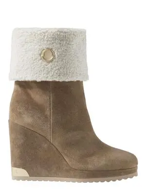 Moncler Shearling Lined Suede Wedge Ankle Boots - Tan