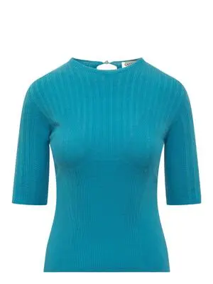 LANVIN Round Neck Ribbed Knit Sweater With Back Detail - Blue