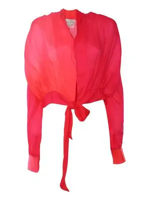 FORTE_FORTE Cropped Sheer Ribbed V-neck Shirt With Front Straps - Red