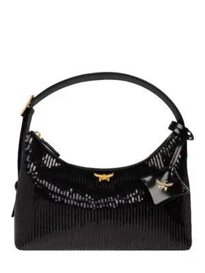 Mcm Sequined Shoulder Bag With Gold Tone Logo - Black