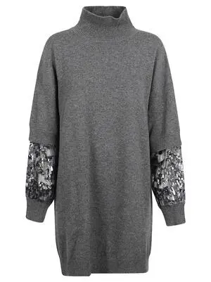 Brunello Cucinelli Brunello Cucinelli Sequin Embellished High Neck Mini Dress Gray