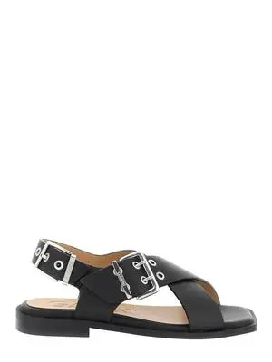 GANNI Square Toe Crossover Strap Buckled Sandals - Black