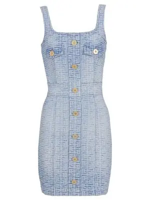 BALMAIN Balmain Monogram Debossed Square Neck Denim Mini Dress
