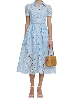 SELF-PORTRAIT Belted Lace Midi Dress - Blue