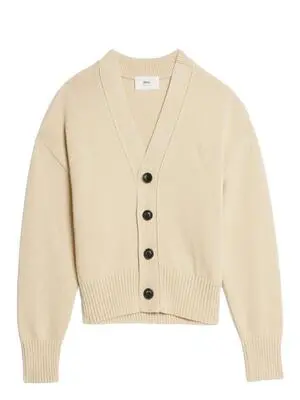 Ami Wool Blend Button-up Cardigan With De Coeur Embroidery - Nude
