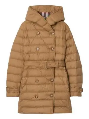 Burberry Short Nylon Hooded Puffer Coat With Belt - Taupe