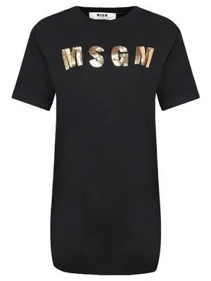 MSGM Sequin Logo T-shirt Dress - Black