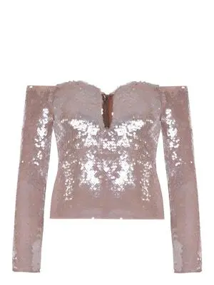 SELF-PORTRAIT Sequin Off-the-shoulder Top - Beige