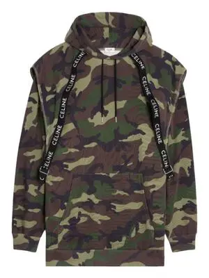 Celine Camouflage Cotton Fleece Hoodie With Logo Trim - Black