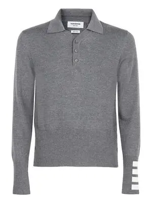 Thom Browne 4-bar Long-sleeved Knitted Polo Shirt - Medium Gray