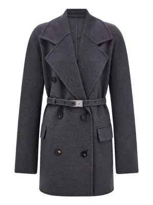 FERRAGAMO Double Breasted Belted Long Jacket - Grey