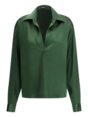 TOM FORD V-neck Long Sleeve Top With Embroidered Logo - Moss Green