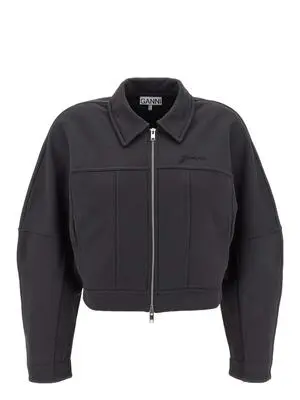 GANNI Logo Embroidered Cropped Jacket - Grey