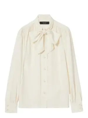 Gucci Crêpe Satin Interlocking G Shirt With Self-tie Bow - White