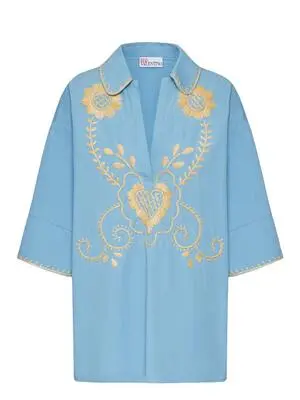 Red Valentino Embroidered V-neck Short Sleeve Top - Blue