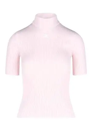 COURREGES Ribbed High Neck Short Sleeve Jumper - Pink