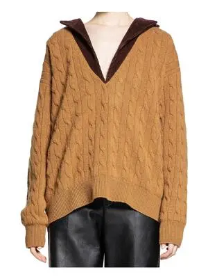 Loewe V-neck Cashmere Sweater With Ribbed Accents - Camel