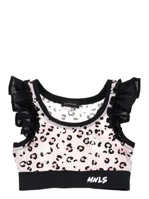 Monnalisa Leopard Print Cropped Tank Top With Ruffle Sleeves - Black