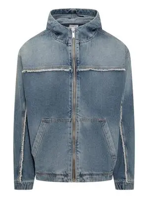 MARCELO BURLON COUNTY OF MILAN Fringed Denim Zip-up Hooded Jacket - Blue