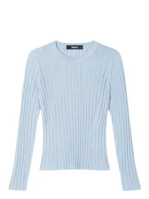 Versace Ribbed Knit Crewneck Top With Long Sleeves - Blue