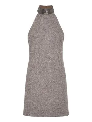 Brunello Cucinelli Sleeveless Herringbone Tweed High Collar Dress - Gray