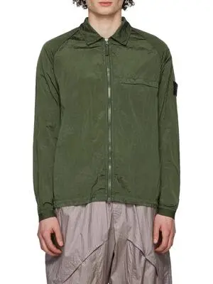 Stone Island Crinkled Zip-up Overshirt - Olive Green