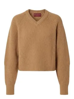 Gucci V-neck Ribbed-knit Sweater - Camel