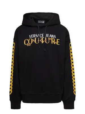 Versace Logo Printed Drawstring Hoodie - Black