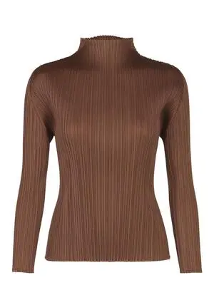 PLEATS PLEASE BY ISSEY MIYAKE High Collar Batwing Sleeve Top - Brown