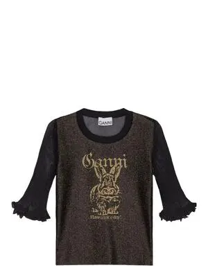 GANNI Sheer Jacquard Top With Graphic Motif - Black