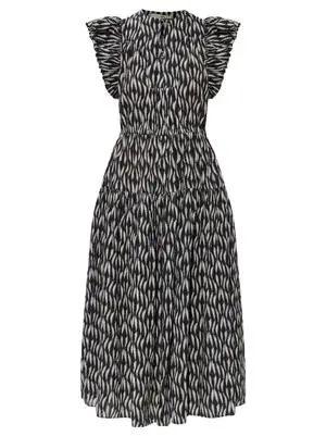 Ulla Johnson Wing-sleeved Printed Midi Dress - Black