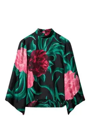 La DoubleJ Peony Print High Neck Silk Top - Multicolor