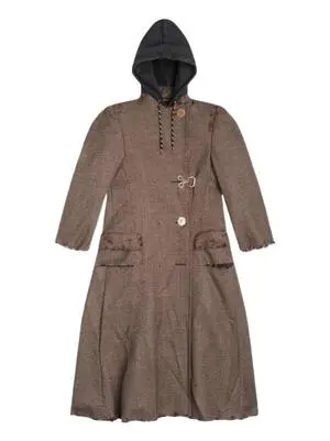 Balenciaga Houndstooth Button Coat With Drawstring Hood - Brown