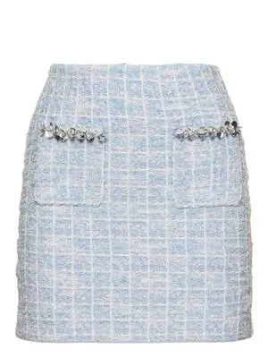 SELF-PORTRAIT Checked Mini Skirt With Embellished Pockets - Light Blue