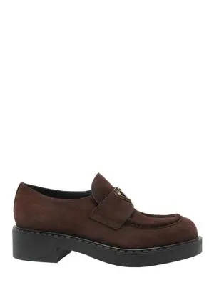 Prada Suede Round Toe Loafers With Logo Detail - Brown
