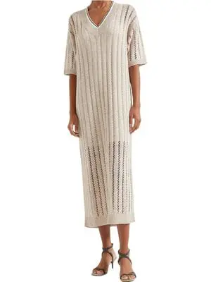 Brunello Cucinelli Ribbed Net Knit V-neck Dress - Cold Beige