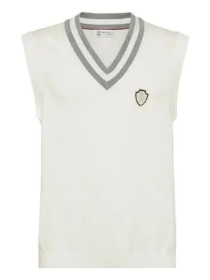 Brunello Cucinelli V-neck Logo Embroidered Vest - White