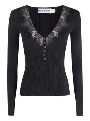 SELF-PORTRAIT Lace Trim Knit Top - Black