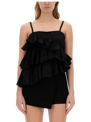 MSGM Asymmetrical Ruffled Spaghetti Strap Top - Black