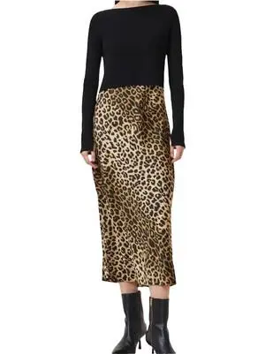ALLSAINTS Leopard Print Off-shoulder Long Sleeve Dress - Black