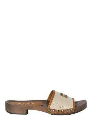 Miu Miu Canvas And Leather Clogs With Wooden Sole - Beige/brandy