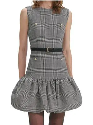 SELF-PORTRAIT Checked Dress With Pleated Skirt - Gray