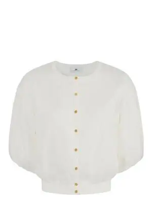 Elisabetta Franchi Oversized Puffed Sleeve Cardigan With Golden Metal Logo Buttons - Ivory