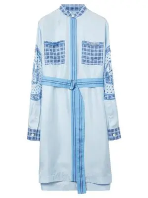 Burberry Monument Print Silk Shirt Dress With Grandfather Collar - Blue