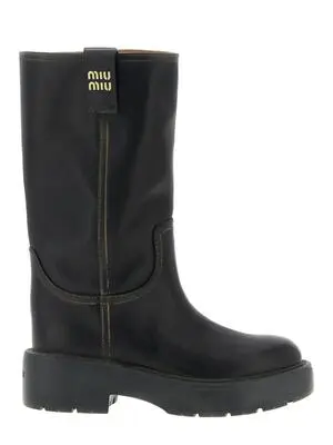 Miu Miu Round Toe Slip-on Boots - Black