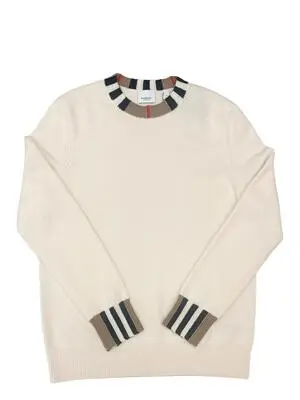 Burberry Round Neck Long Sleeve Sweater With Ribbed Trim - White