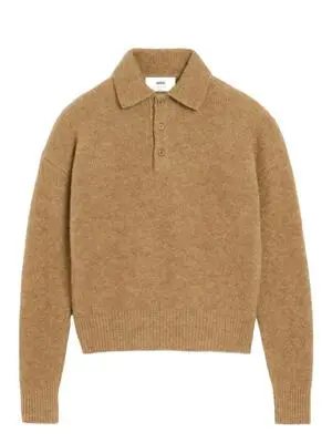AMI Paris Logo Embroidered Long-sleeved Polo Shirt - Camel