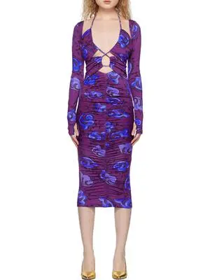 Versace Floral Print Cut-out Midi Dress - Purple