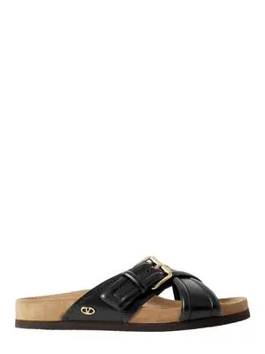 Valentino Garavani Vlogo Plaque Leather Slides - Black