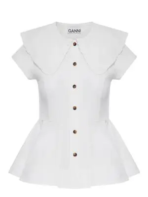 GANNI Short Sleeve Ruffle Collar Shirt - White